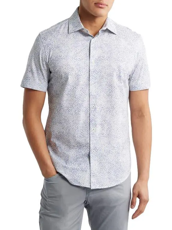 Bugatchi Miles Ooohcotton® Leaf Print Short Sleeve Button-up Shirt - Peacock