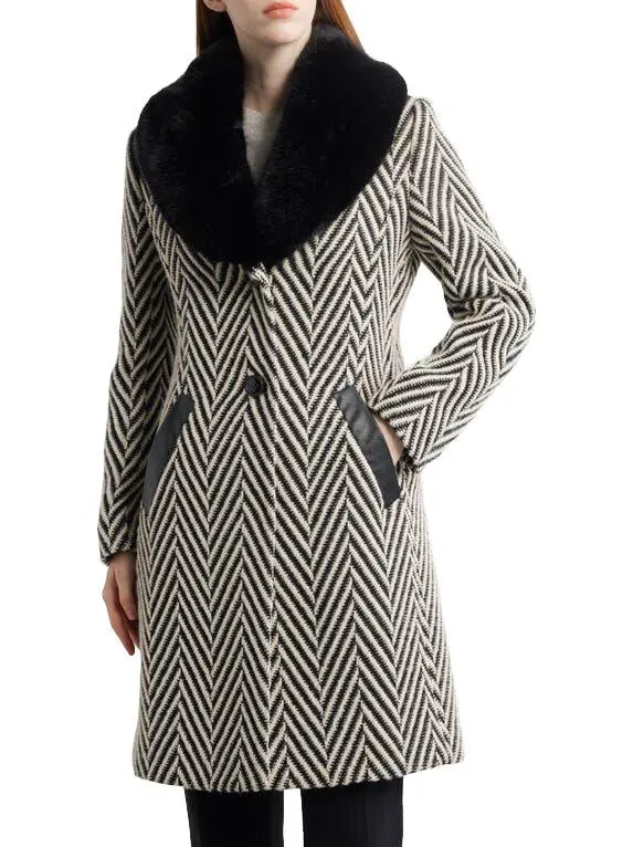 Via Spiga Herringbone Coat With Faux Fur Collar - Jumbo Herringbone