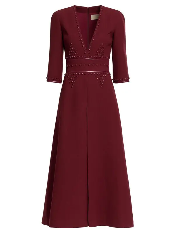 Elie Saab Embellished Wool & Leather Midi Dress - Burgundy