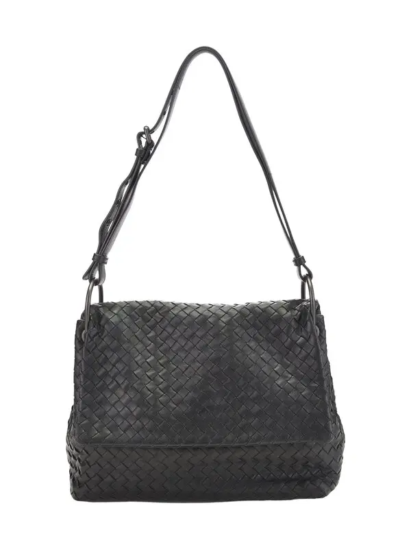 Bottega Veneta Intrecciato Leather Flap Shoulder Bag - Black