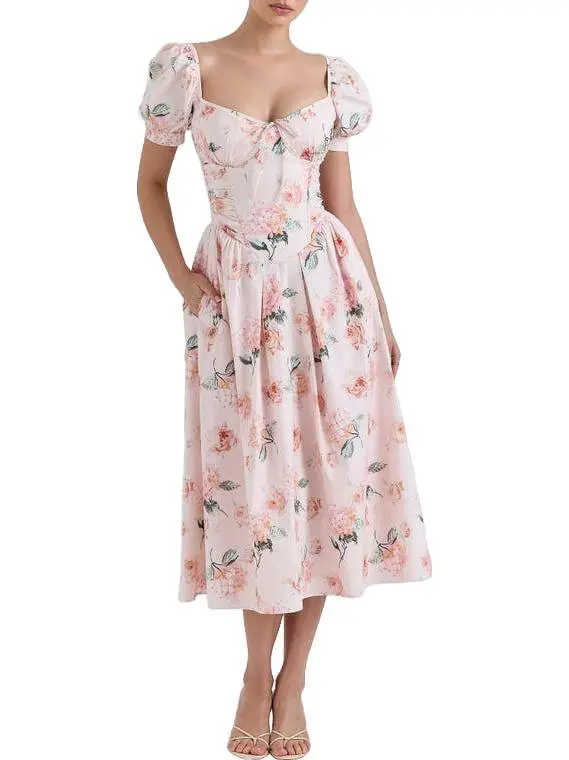 House Of Cb Lulabell Puff Sleeve Midi Dress - Hydrangea And Rose Peach