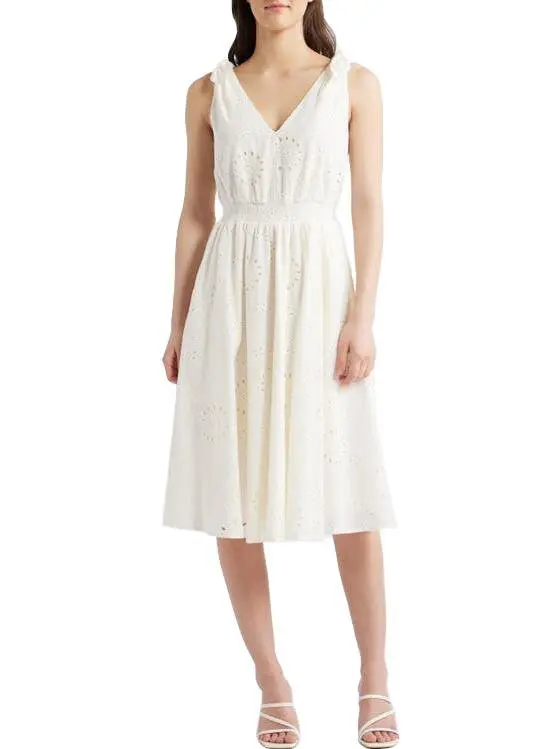 Anne Klein Bow Shoulder Cotton Eyelet Sundress - Pearl White