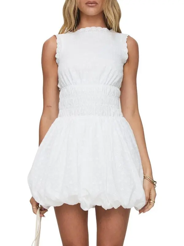 Princess Polly Vittoria Floral Eyelet Embroidered Bubble Hem Minidress - White