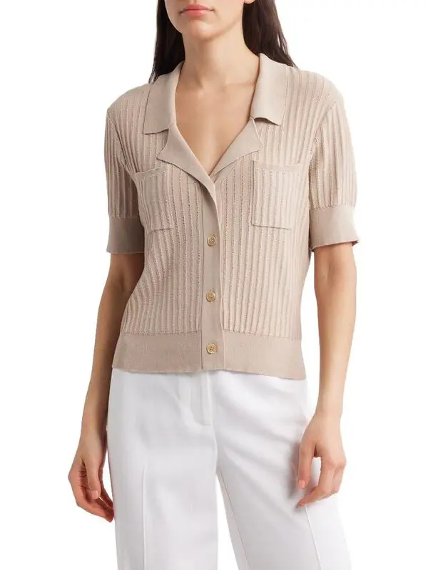 TAHARI ASL Pointelle Stitch Short Sleeve Cardigan - Sand