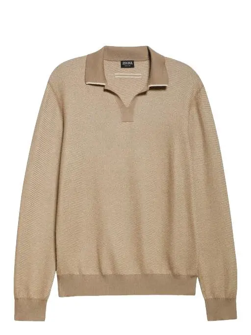 Zegna Long Sleeve Silk & Cashmere Polo Sweater - Med Beige Fan