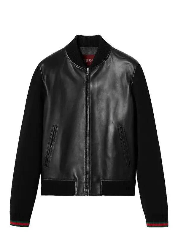 Gucci Nappa Leather And Knit Bomber Jacket - Black