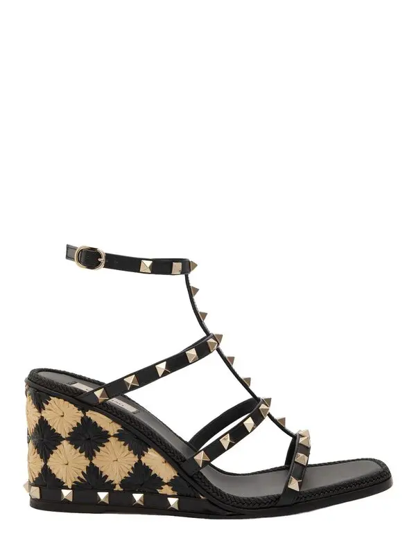 Valentino Garavani Rockstud Leather And Raffia Wedge Sandals - Black