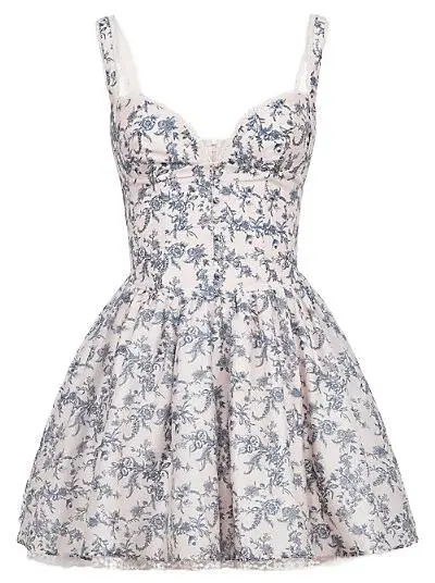House Of Cb Brigitte Print Corset Linen-blend Mini Dress - English Porcelain