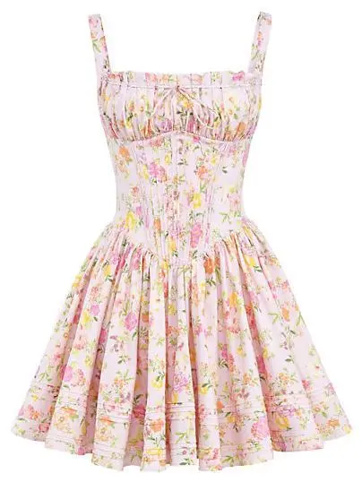 House Of Cb Natassia Flared-skirt Mini Dress - Pink Meadow Print