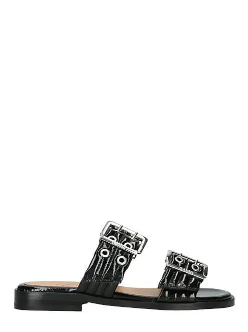GANNI Feminine Buckle Two-strap Vegan Leather Sandals - Black