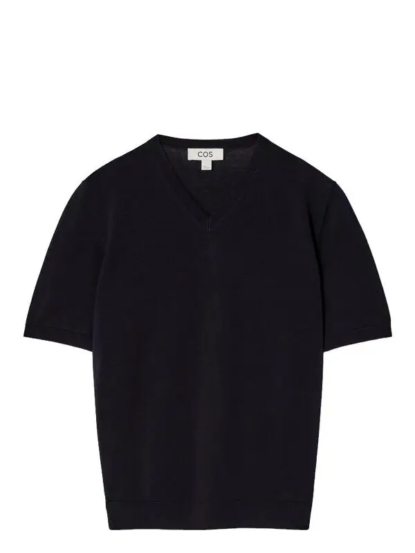 Cos Knitted Cotton V-neck T-shirt - Navy