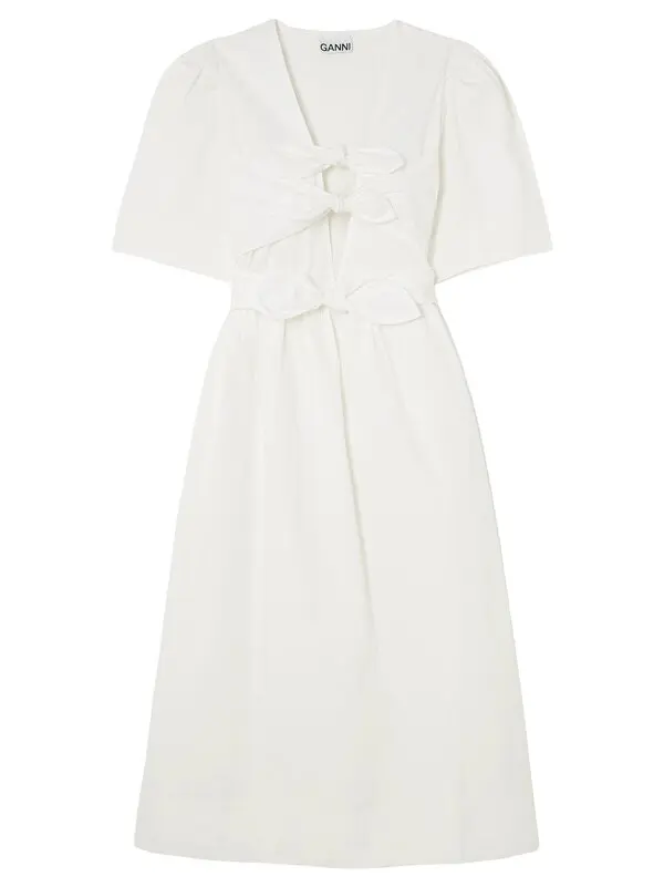 GANNI Belted Tie-detailed Gathered Midi Dress - White