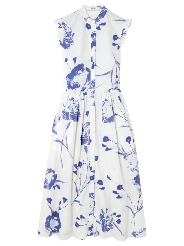 Erdem Gathered Ruffled Floral-print Cotton-poplin Midi Dress - White