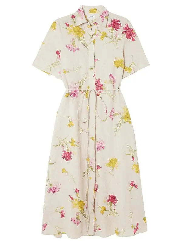 Erdem Belted Floral-print Linen Midi Shirt Dress - Neutrals