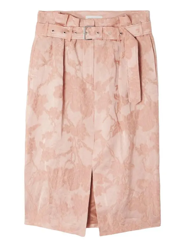 Dries Van Noten Belted Pleated Linen-blend Jacquard Skirt - Pink