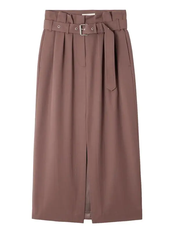 Dries Van Noten Belted Pleated Wool-twill Midi Skirt - Brown