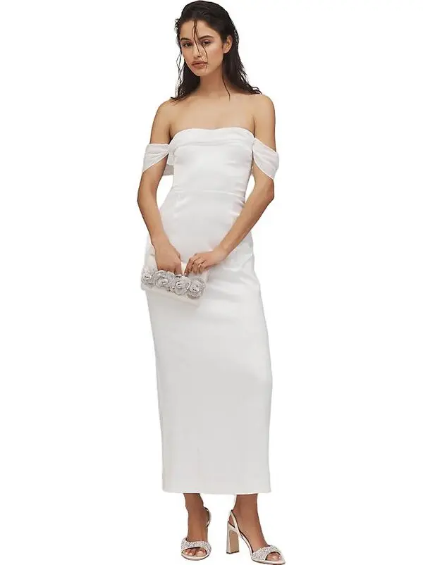 Bhldn Off-the-shoulder Lace-up Satin Column Midi Dress - White