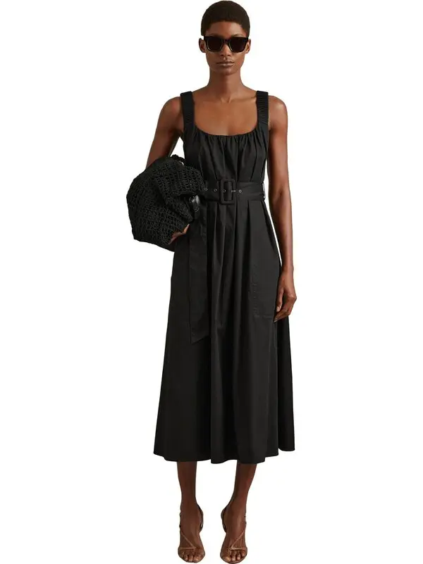 REISS Liza Cotton Ruched Strap Belted Midi Dress - Black