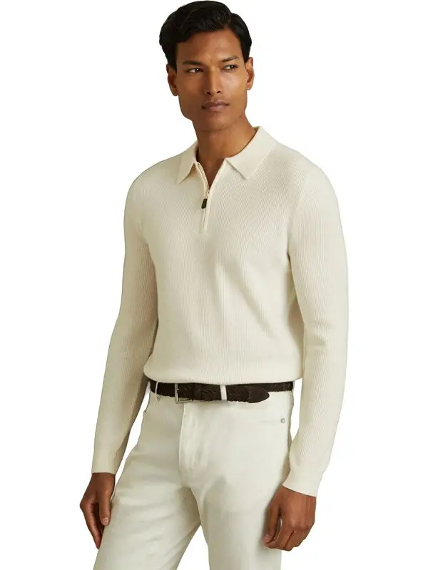 REISS Wool Half-zip Polo Shirt - Cream