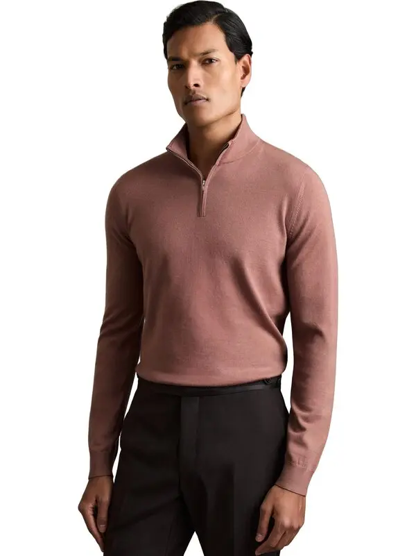 REISS Blackhall Merino Wool Half-zip Jumper - Dusty Blush Pink