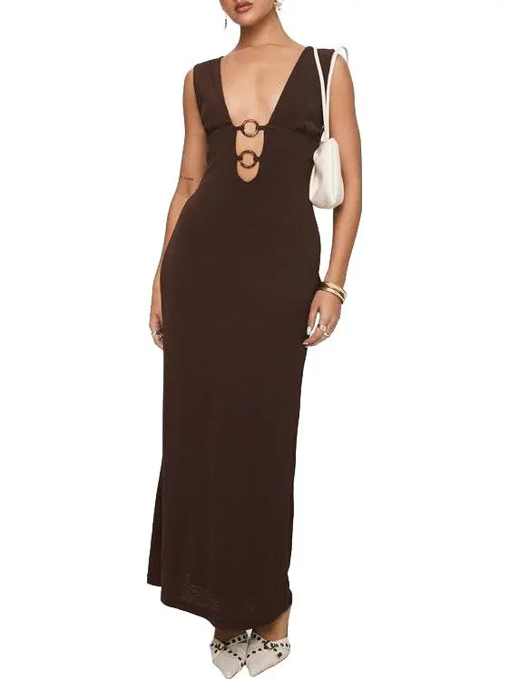 Princess Polly Steward Plunge Neck Maxi Dress - Brown