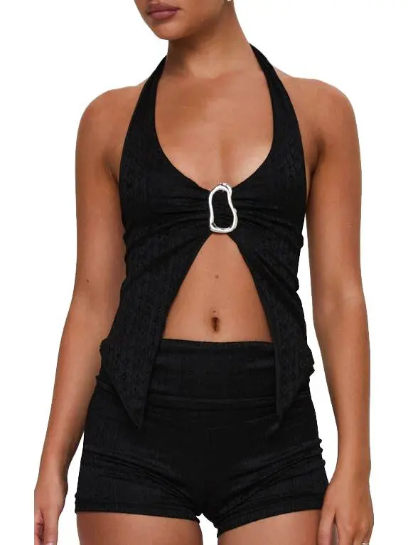 Princess Polly Moderna Split Front Lace Halter Top - Black