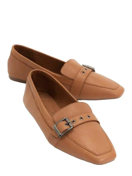 FOREVER & ALWAYS SHOES Noir Leather Flat Loafers - Cognac Brown Leather