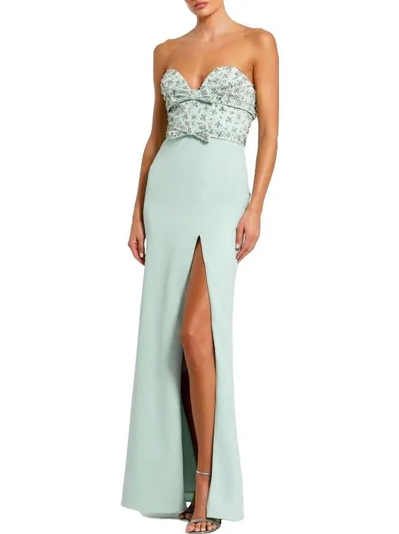 Mac Duggal Strapless Sweetheart Crepe Gown With Embellished Bodice - Mint