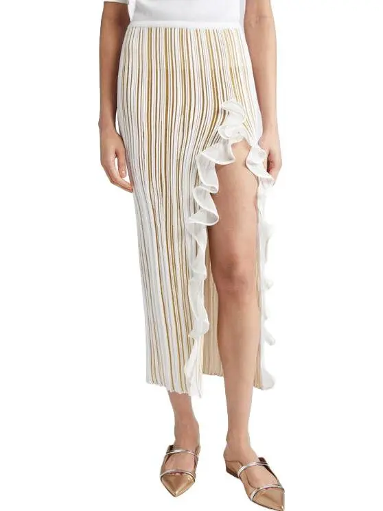 Giambattista Valli Ruffle Front Slit Knit Skirt - Gold/ Ivory