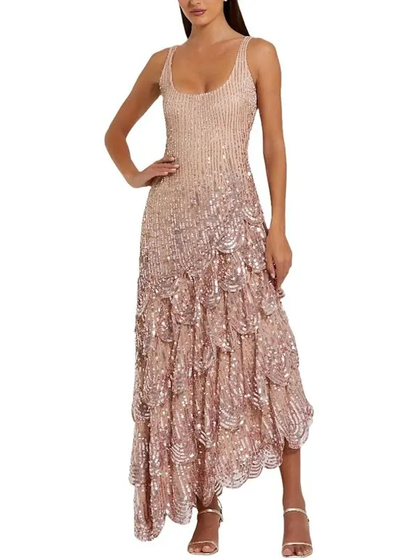Mac Duggal Asymmetrical Scallop Hem Embellished Gown - Antique Rose