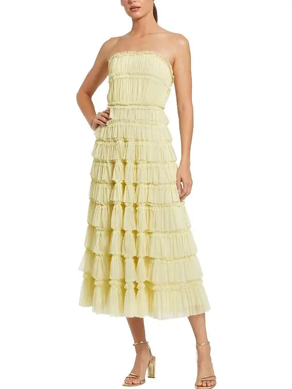 Mac Duggal Solid Mesh Dot Micro Ruffle Strapless Midi Dress - Buttercup