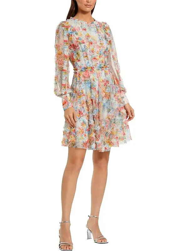 Mac Duggal Floral Mesh Ruffle Mini Dress - Blue Multi