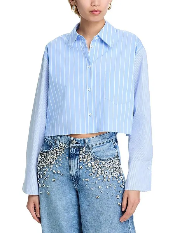 Alice + Olivia Striped Cropped Poplin Shirt - Oxford Blue Multi