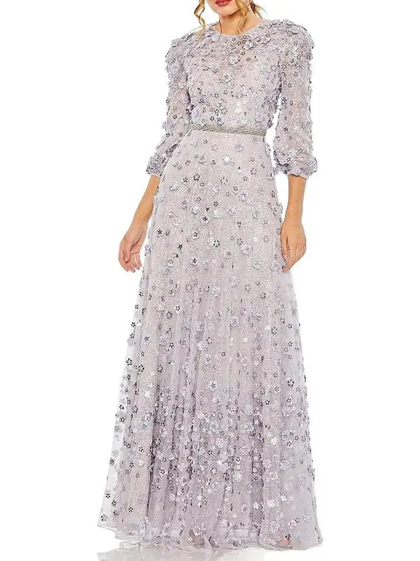Mac Duggal Floral Applique Puff Sleeve A-line Gown - Lavender