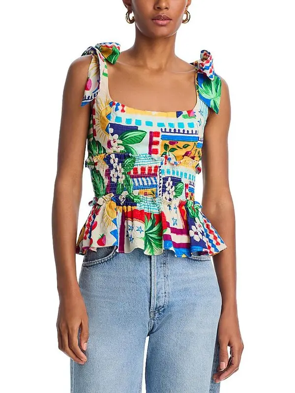 Aqua Cherry Smocked Tie Tank Top - Cherry Multi