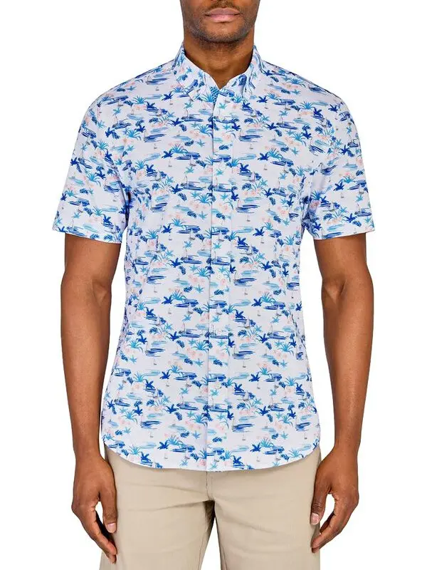CON.STRUCT Slim Fit Sailboat Recycled 4-way Stretch Performance Short Sleeve Shirt - White/blue