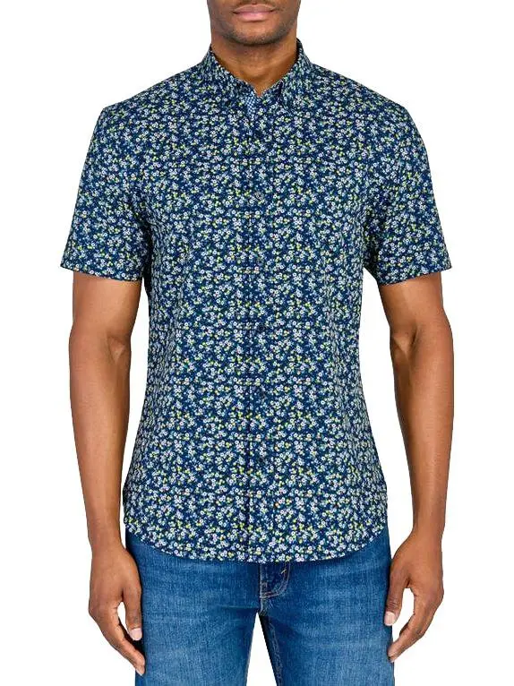 CON.STRUCT Slim Fit Mini Floral Recycled 4-way Stretch Performance Short Sleeve Shirt - Navy