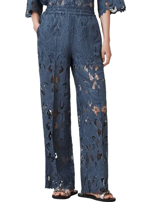 ALLSAINTS Charli Embroidered Wide Leg Pants - Dusty Blue