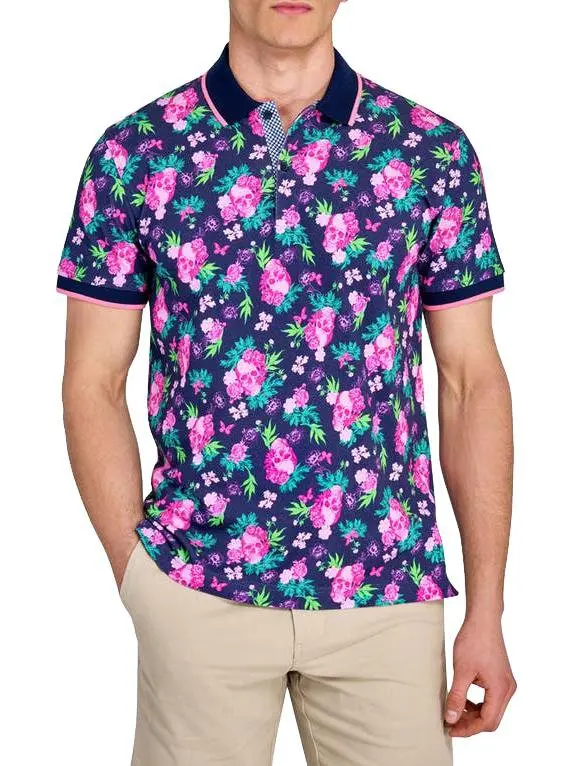 CON.STRUCT Slim Fit Floral Skull Cotton Stretch Pique Polo - Navy/pink