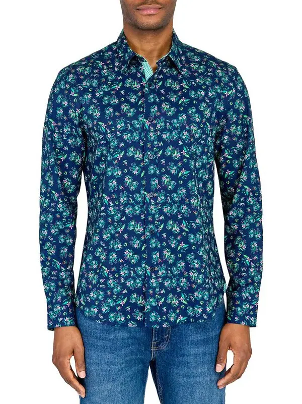 CON.STRUCT Slim Fit Lily Bouquet Recycled 4-way Stretch Performance Long Sleeve Shirt - Navy/green