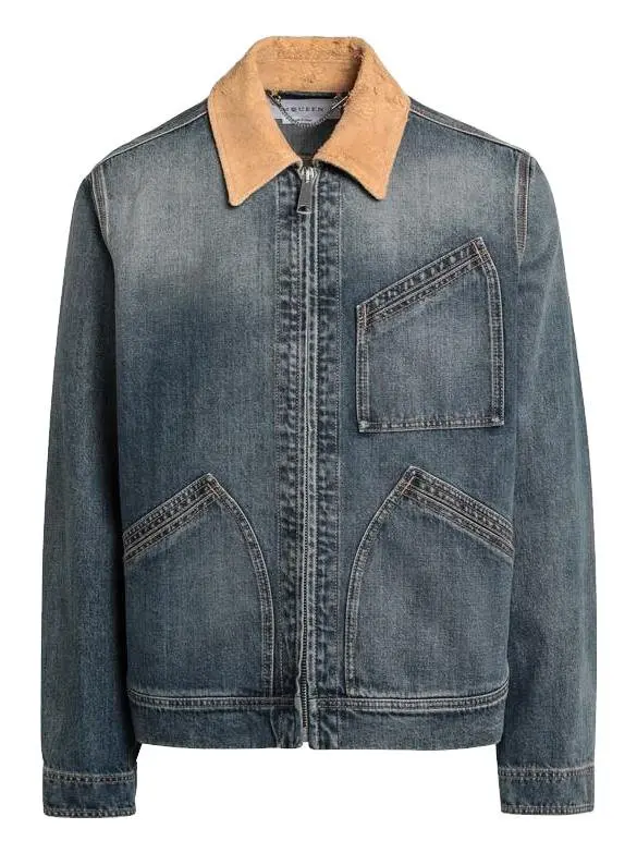 Alexander McQueen Denim Jacket With Suede Collar - Blue