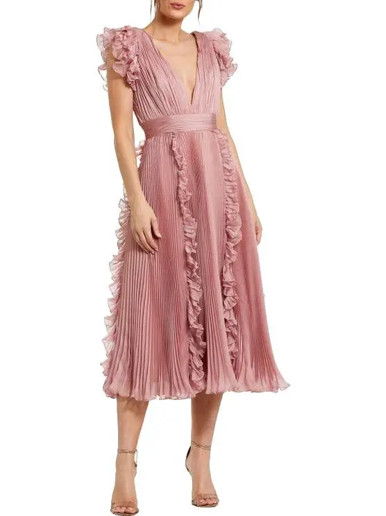 Mac Duggal Chiffon Ruffled Midi Dress - Rose