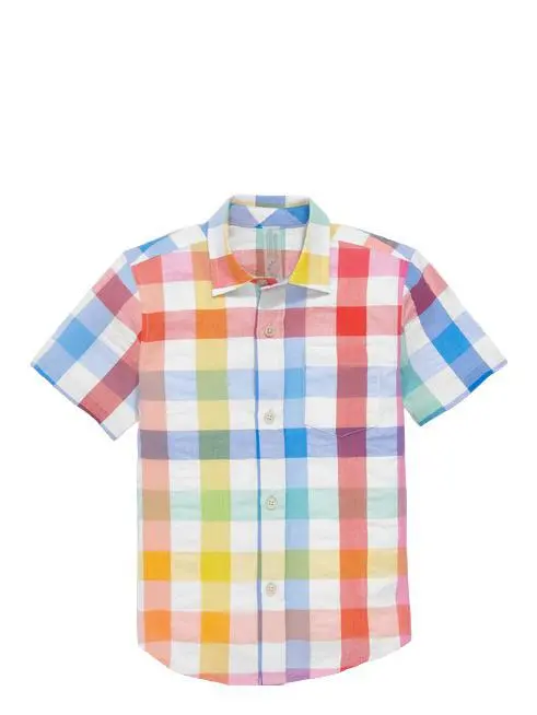 PRIMARY Short Sleeve Rainbow Gingham Button-down Shirt - White Rainbow Check