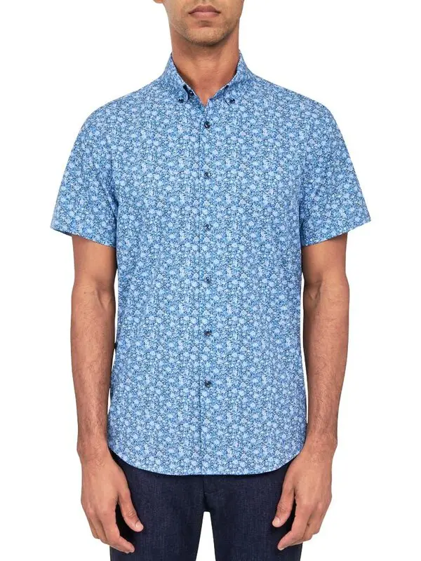 BROOKLYN BRIGADE Slim Fit Ditsy Floral 4-way Stretch Performance Short Sleeve Shirt - Blue