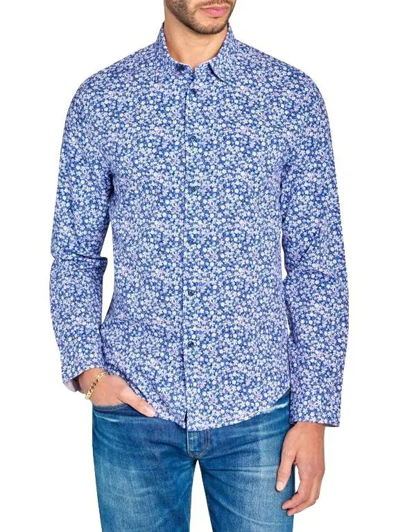 BROOKLYN BRIGADE Slim Fit Mini Floral Recycled 4-way Stretch Performance Long Sleeve Shirt - White/blue