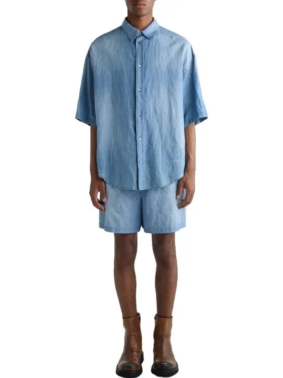 Acne Studios Oversize Short Sleeve Cotton & Linen Chambray Button-up Shirt - Mid Blue