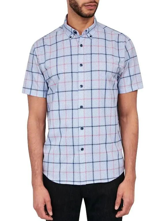 BROOKLYN BRIGADE Slim Fit Gowanus Textured Grid 4-way Stretch Performance Short Sleeve Shirt - Navy/pink