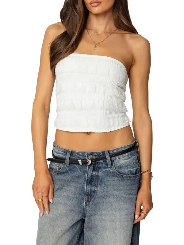 EDIKTED Georgette Lacey Ruffle Tube Top - White