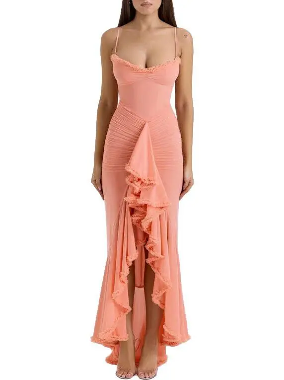 House Of Cb Gabbi Ruffle Mesh High-low Cocktail Dress - Desert Flower