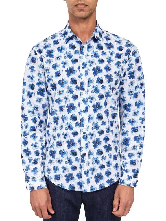 BROOKLYN BRIGADE Slim Fit Watercolor Floral 4-way Stretch Performance Long Sleeve Shirt - Blue